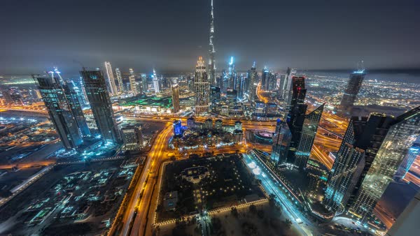 Aerial looking down view of tallest towers in Dubai Downtown skyline ...