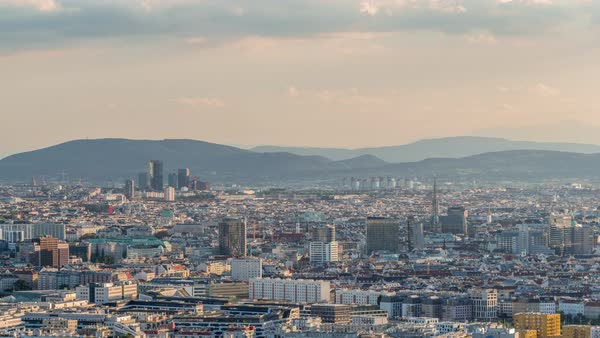 Aerial panoramic view of Vienna city with skyscrapers, historic ...