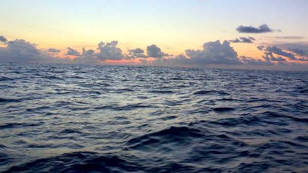 Open seas. Open water. Ocean waves during sunset golden hour time ...