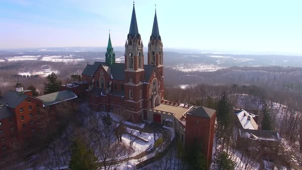 Aerial view of the breathtaking steeples of Holy Hill Church, Wisconsin ...