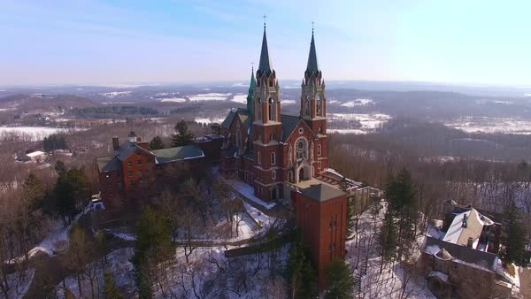 Aerial view of the breathtaking steeples of Holy Hill Church, Wisconsin ...