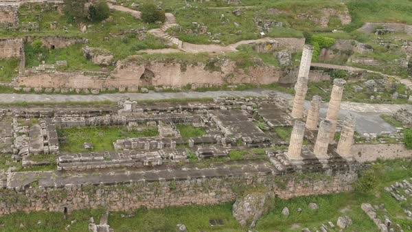 Aerial view of archaeological site of ancient Delphi, site of temple of ...