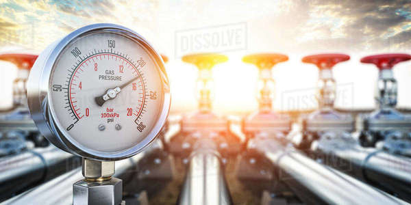 Gas pression gauge meters on gas pipeline. Gas extraction, production ...