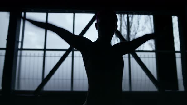 Flexible dancer silhouette moving hands in dark gym. Slim woman dancing ...