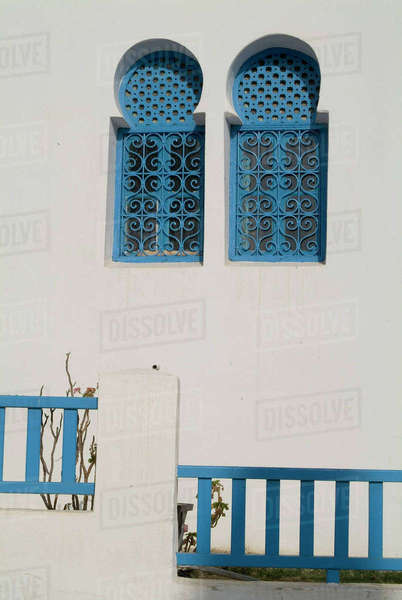 Ornate blue window frames, Sidi Bou Said - Stock Photo - Dissolve