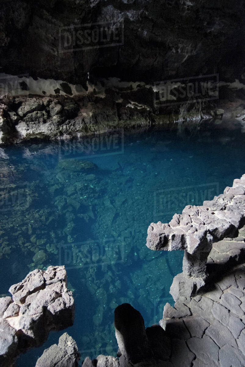 The underground seaside lagoon of Jameos del Aqua, Lanzarote, Spain ...