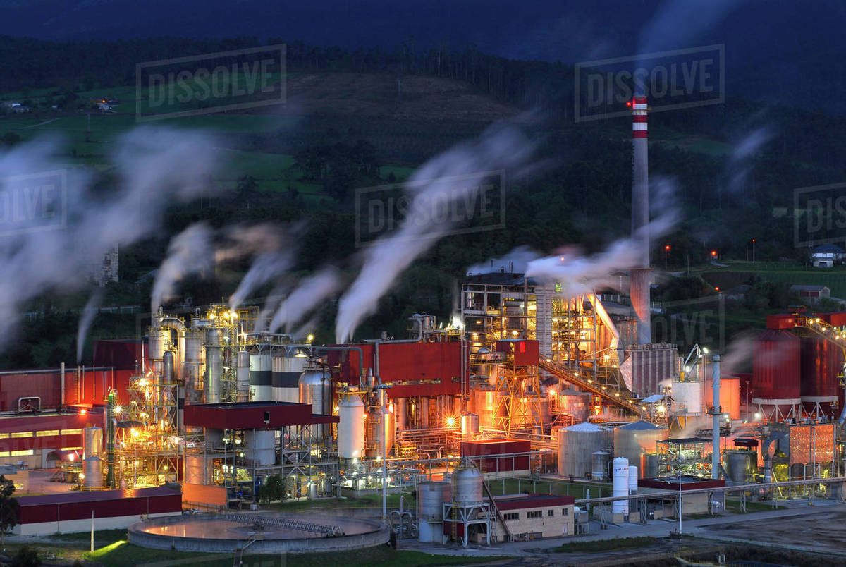 ENCE Company Paper mill at night, Navia, Asturias Spain, April 2006 ...