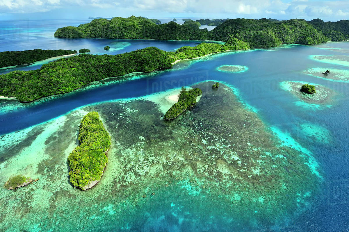Aerial view of Palau and associated tropical islands, Philippine Sea ...