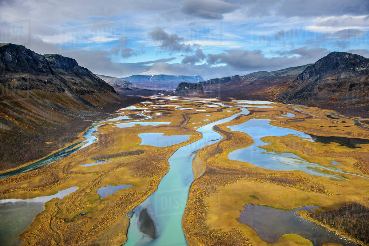 Autumn trees on the Rapa River Delta, aerial view, Rapadalen Sarek ...