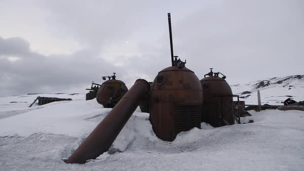 Medium shot of abandoned storage tanks in Antarctica - HD Royalty-free ...