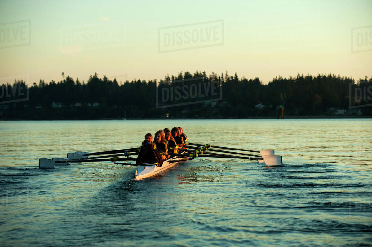 Team rowing boat in bay - Royalty-free Stock Photo | Dissolve