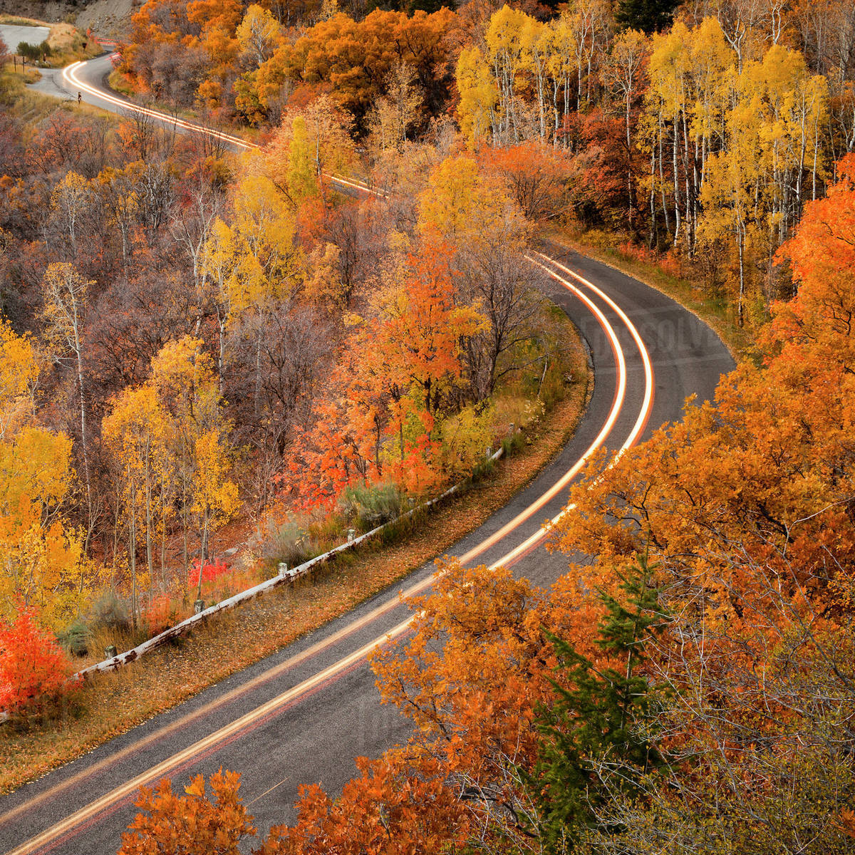 Long exposure of car driving on road through autumn leaves - Royalty ...