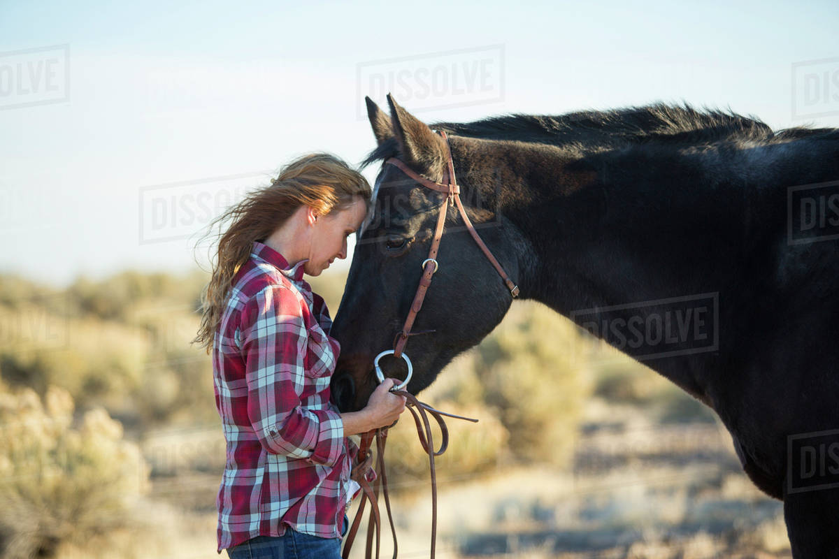 Caucasian woman hugging horse in field - Stock Photo - Dissolve