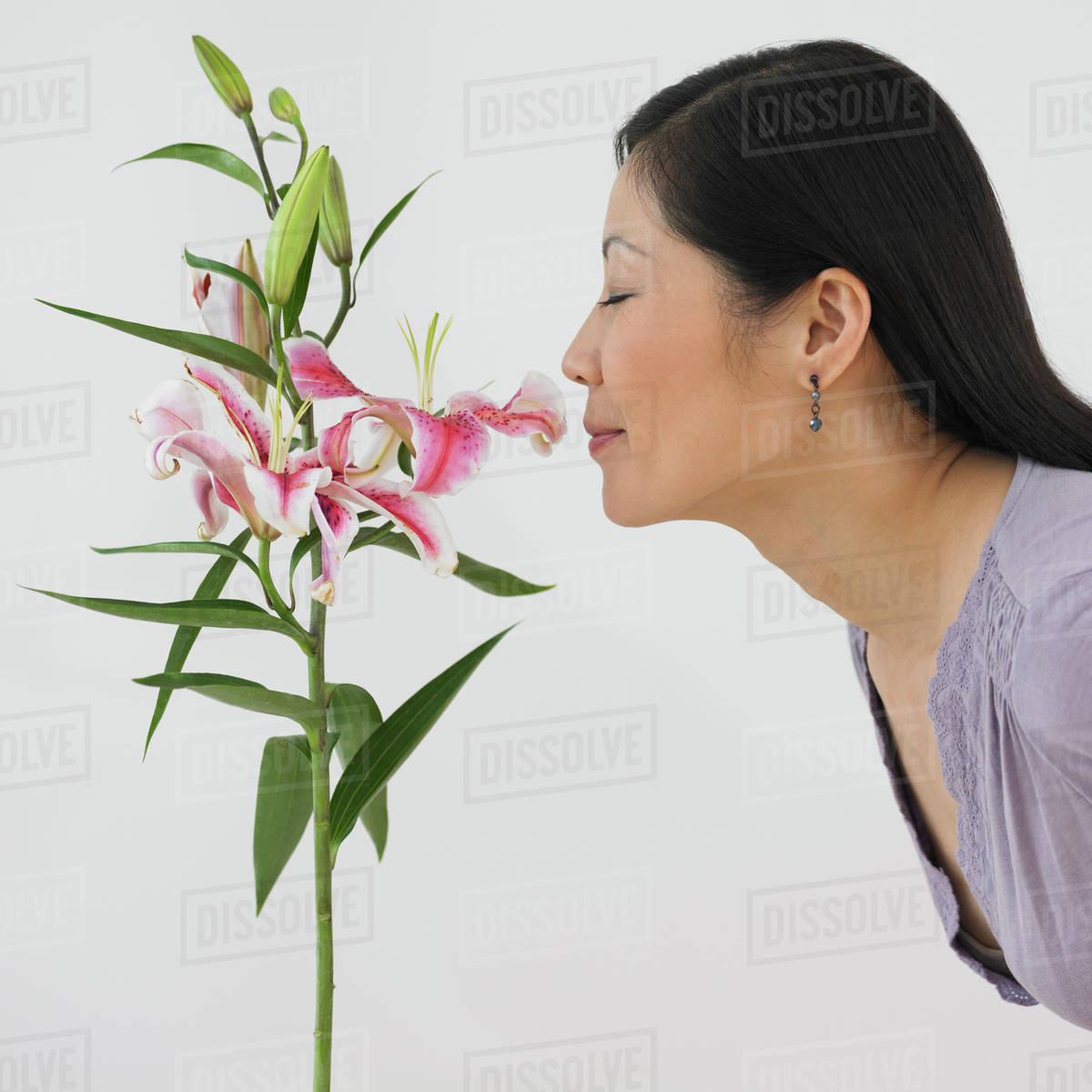 Profile of Asian woman smelling flowers - Stock Photo - Dissolve
