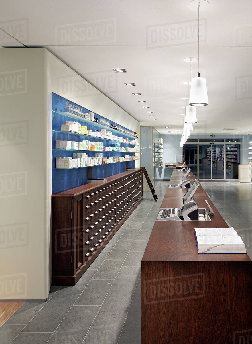 Interior of empty modern pharmacy - Royalty-free Stock Photo | Dissolve