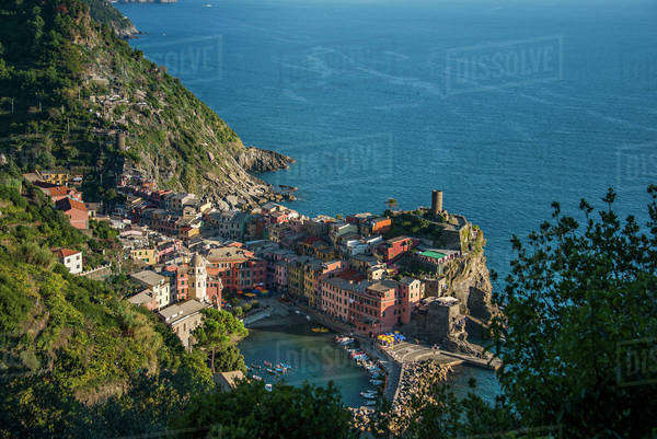 Aerial view of Cinque Terre cityscape and ocean cliffs, Liguria, Italy ...