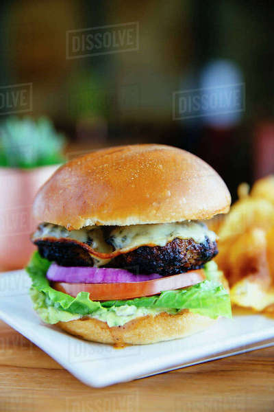 Close up of cheeseburger on plate - Stock Photo - Dissolve