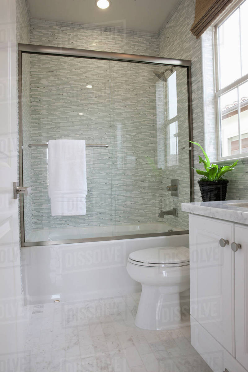 Contemporary bathroom with glass shower and commode at home - Stock ...