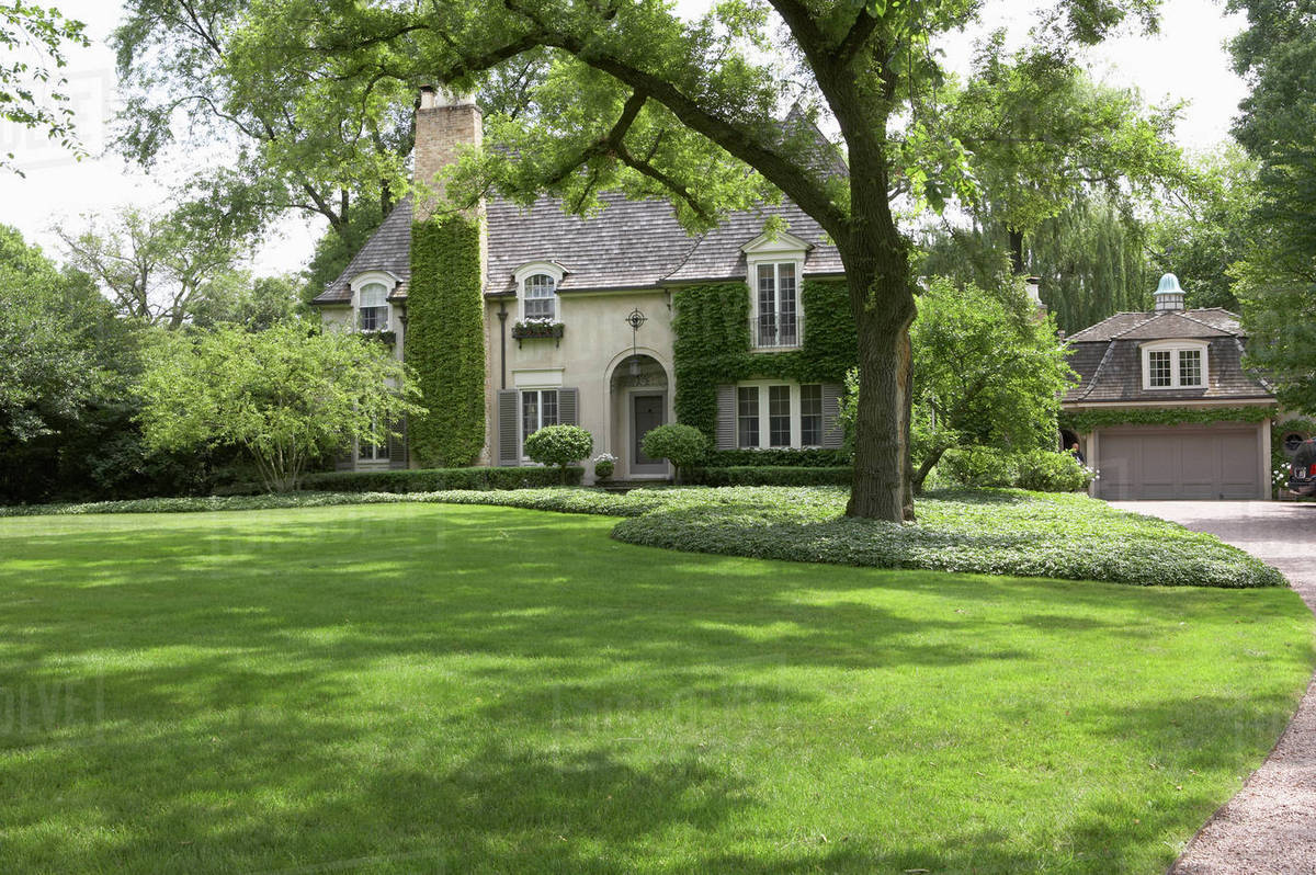 Ivy covered French Normandy style home, angled view with garage to ...