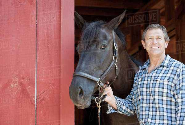 Caucasian man holding horse's bridle - Stock Photo - Dissolve