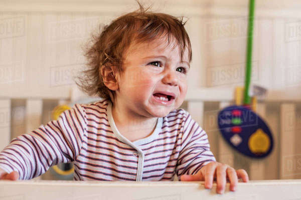 Hispanic toddler crying in crib - Royalty-free Stock Photo | Dissolve