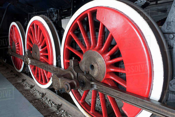Close up of the rows of steel wheels of a locomotive train - Royalty ...