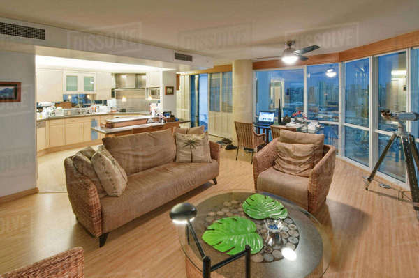 Upscale Living Room and Kitchenette in High Rise Condo - Royalty-free ...