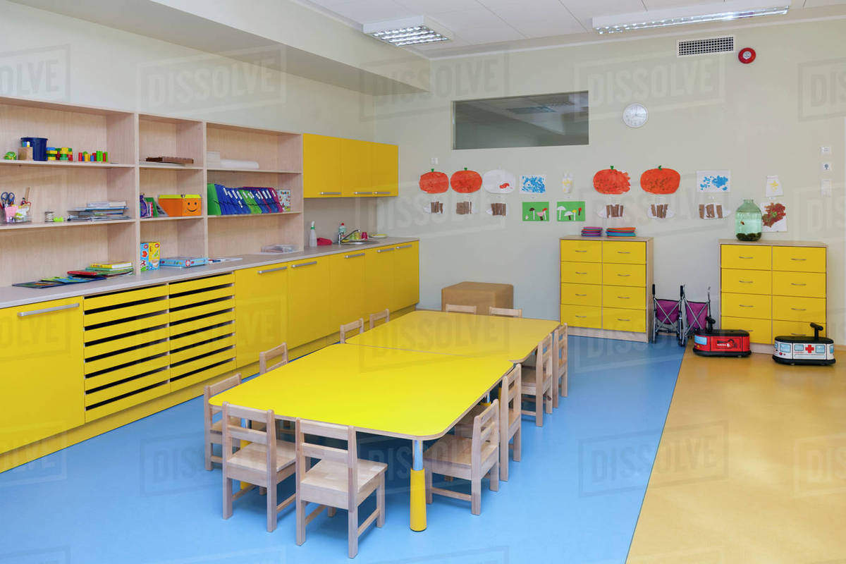 Classroom, activity room with furniture, tables and chairs - Royalty ...