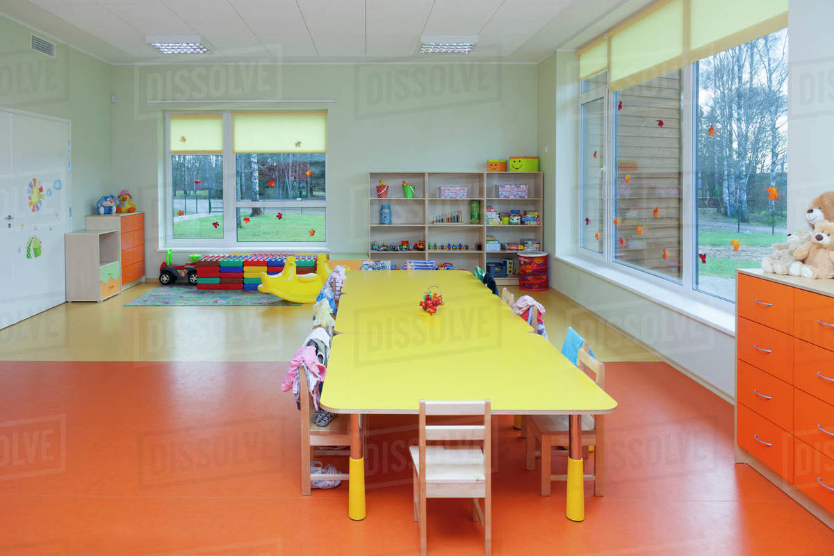 Classroom, activity room with furniture, tables and chairs - Royalty ...