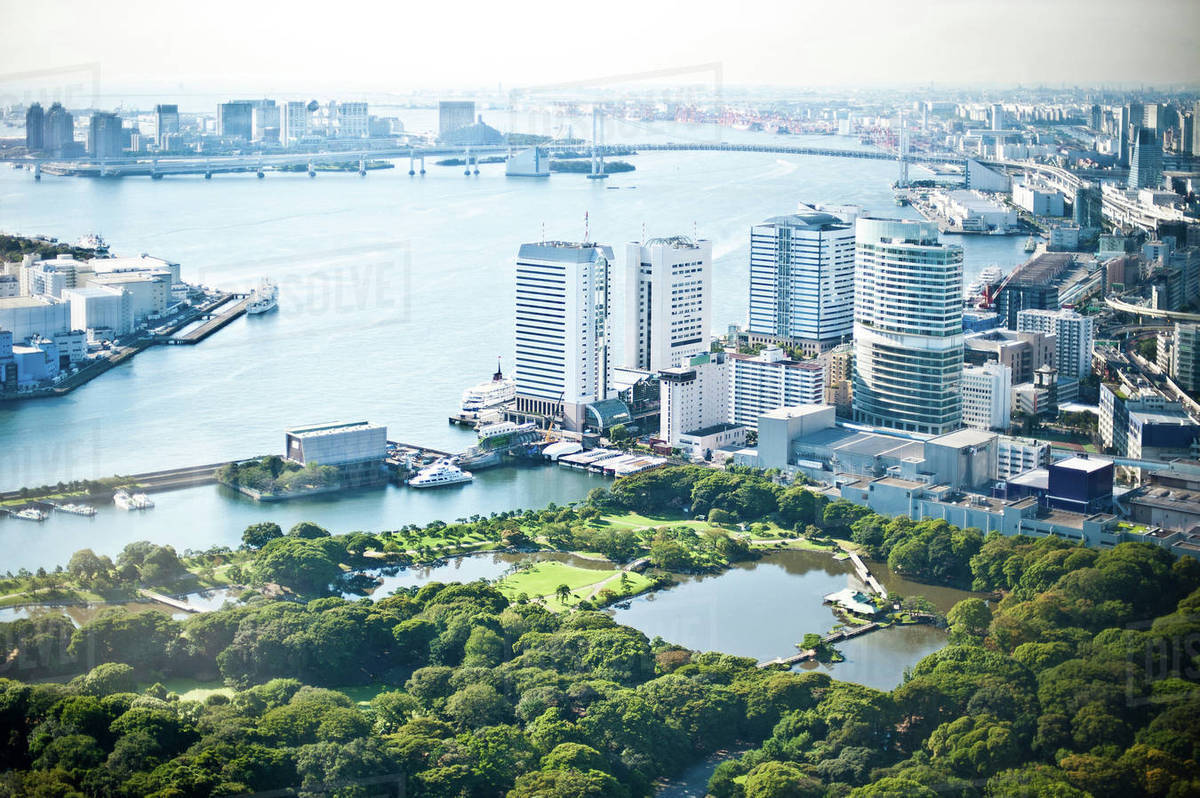 Aerial view of cityscape and river, Tokyo, Japan - Royalty-free Stock ...