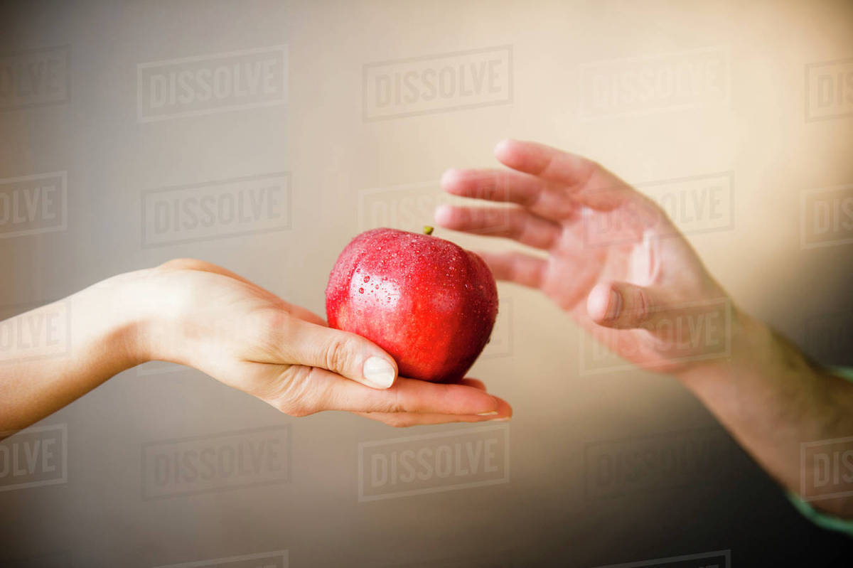 Hand of woman offering red apple to man - Royalty-free Stock Photo ...