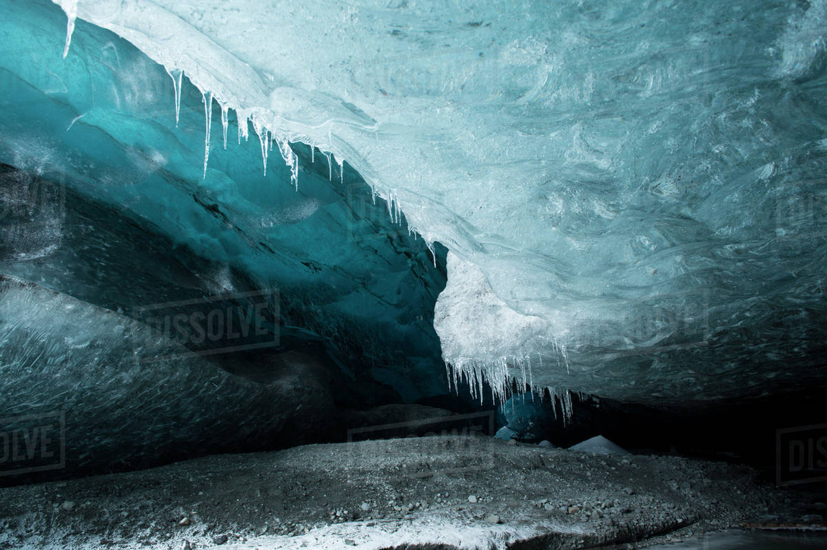 Icicles hanging from ice cave ceiling, Vatnajokull, Austurland, Iceland ...