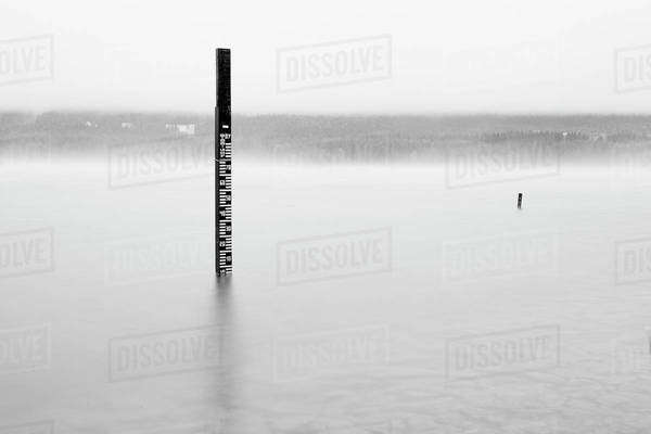 Wooden measuring post in water - Stock Photo - Dissolve