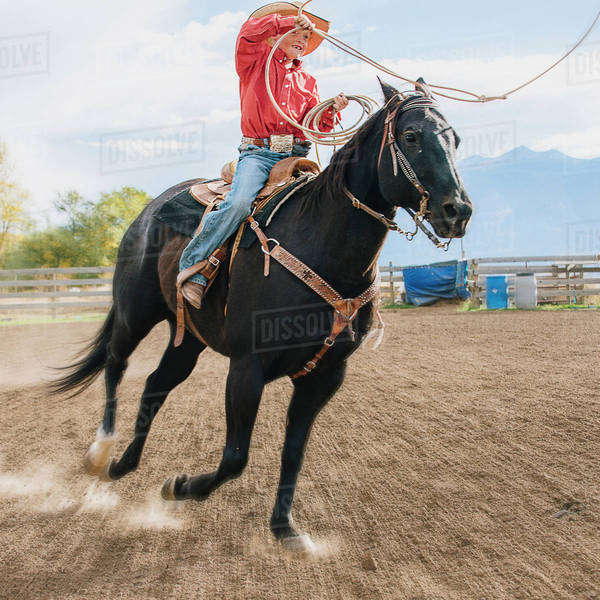 Caucasian boy using lasso on horse at rodeo - Royalty-free Stock Photo ...
