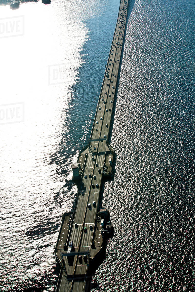 Aerial view of floating bridge over lake, Seattle, Washington, United ...