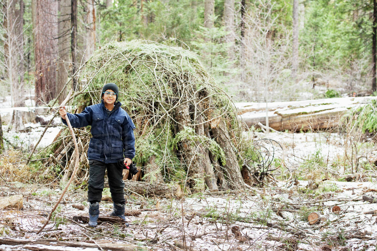 Hispanic boy building hut from branches in forest - Royalty-free Stock ...