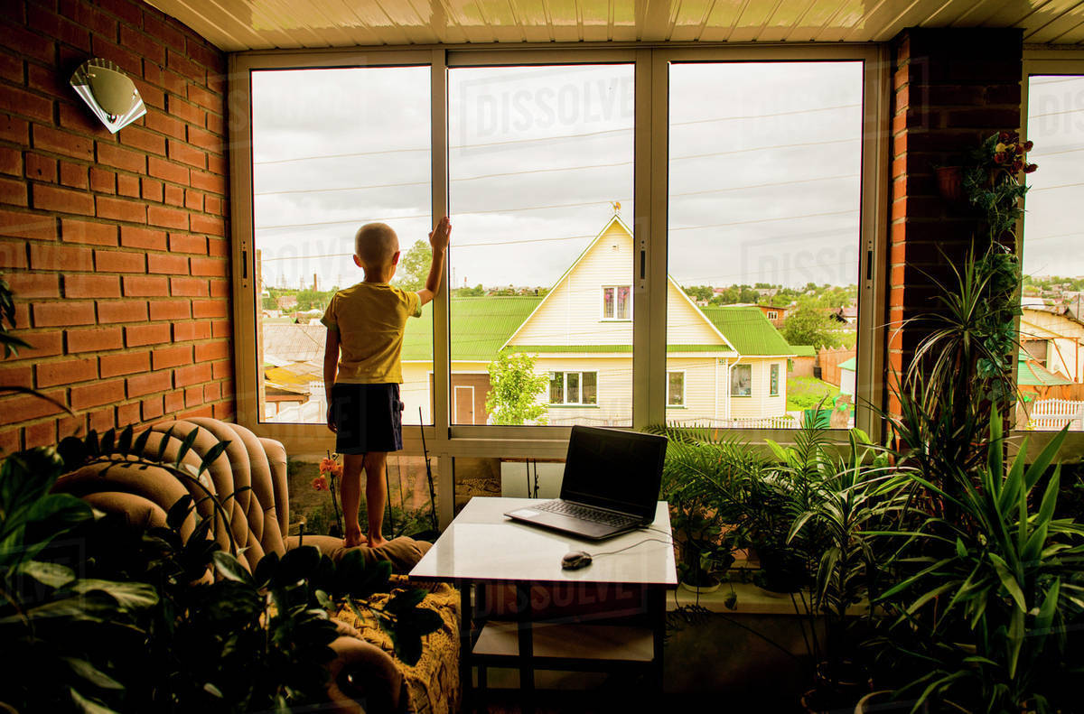 Caucasian boy looking out living room window - Stock Photo - Dissolve