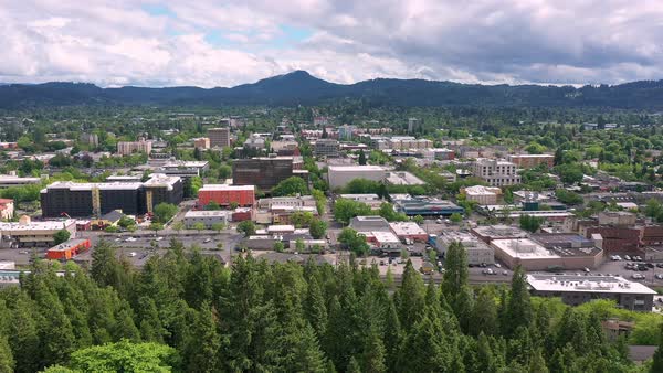 Aerial view looking towards Eugene Oregon above trees viewing mountains ...