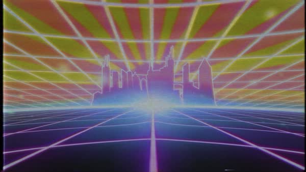 80s VHS tape video game intro city sunrise landscape vector arcade ...