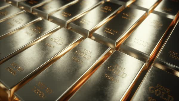 Seamless loop 4k animation of sliding camera view on white gold bars ...