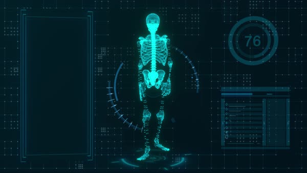 Technological concept. Walking 3d model of a skeleton on the background ...