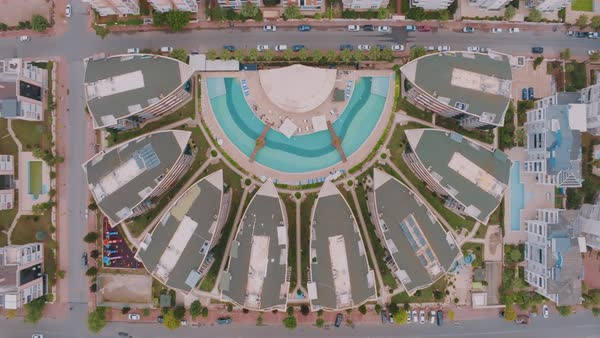 Top view of the territory of an expensive hotel. Spa resort. Swimming ...