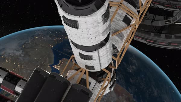 Space travel animation concept. Shuttle. Close-up view of a spaceship ...