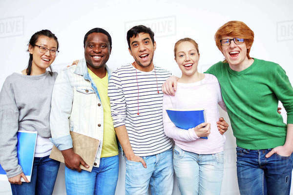 Portrait of happy college students standing together - Stock Photo ...
