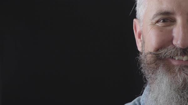 Half face portrait of mature bearded man looking at camera smiling ...