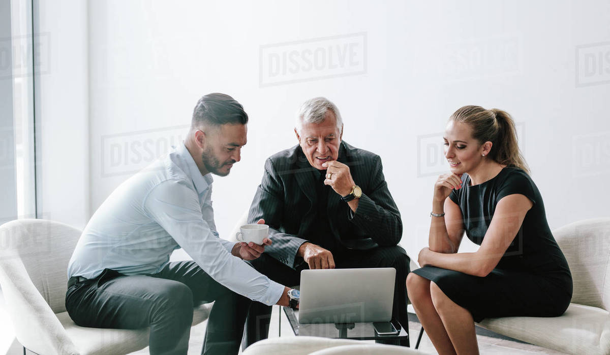 Male executive viewing proposal on laptop to his colleagues in office ...