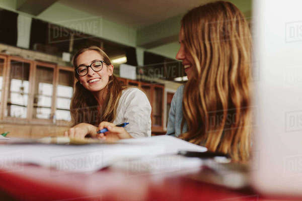 Smiling young teacher helping female student during her class. Happy ...