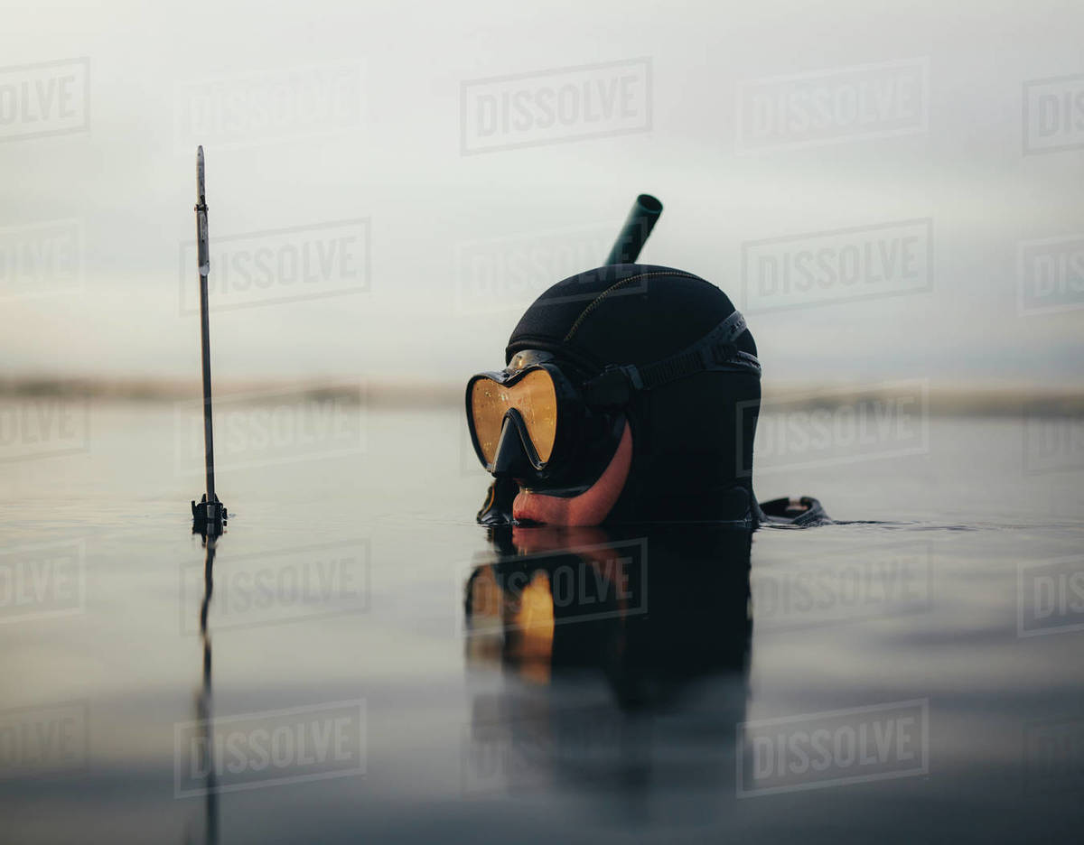 Male diver in scuba gear submerged in water with speargun. Man's head ...