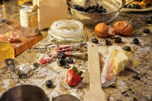 Messy kitchen counter after making blueberry pancakes - Stock Photo ...