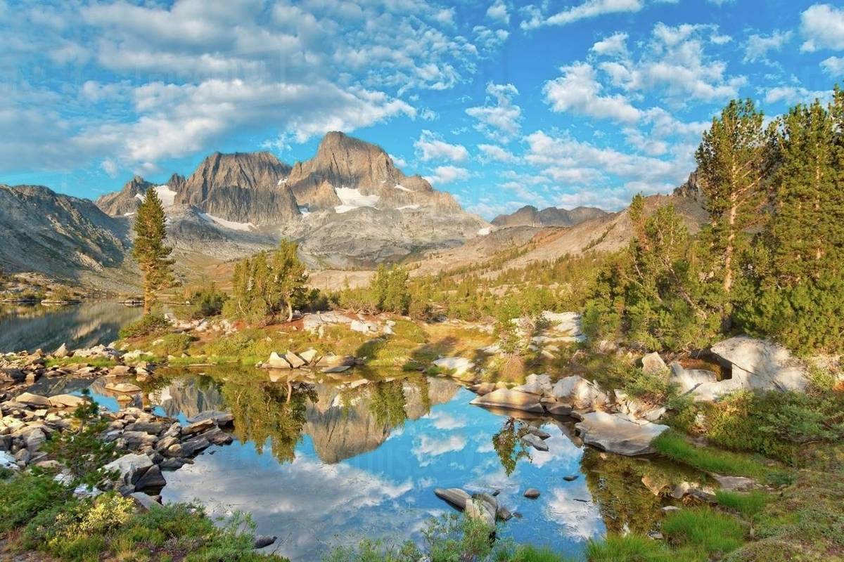 Reflection of mountains in a lake, Mt Ritter, Banner Peak, Garnet Lake ...